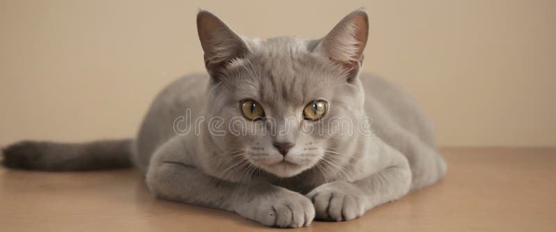 Gray Cat Resting on Wooden Surface in a Cozy Indoor Setting and Look in ...