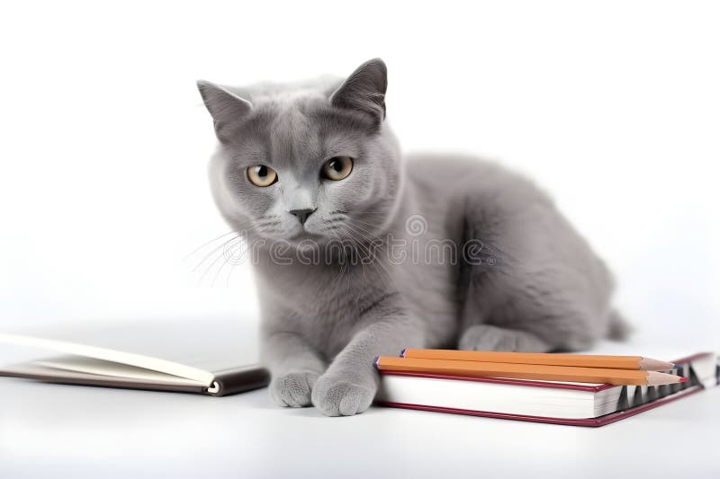 Gray Cat Scholar. Writing among Stacks of Books Stock Image - Image of ...