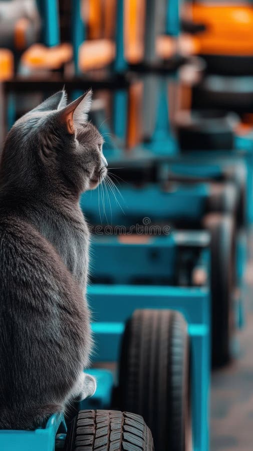 Gray Cat Sitting on Blue Carts, Gazing Thoughtfully into the Distance ...