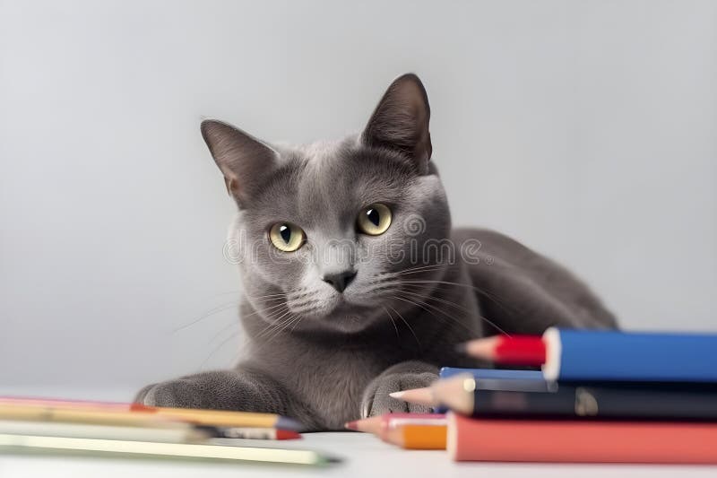 Gray Cat in Study. Writing and Wisdom on Display Stock Image - Image of ...