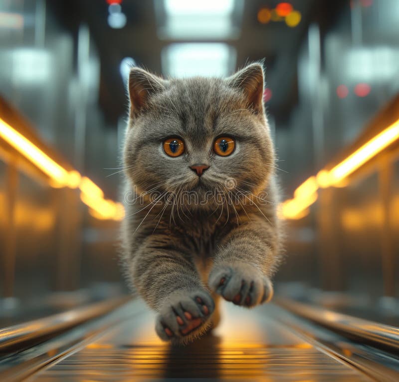 Gray Cat is Walking on Conveyor Belt in Store. a British Short Haired ...