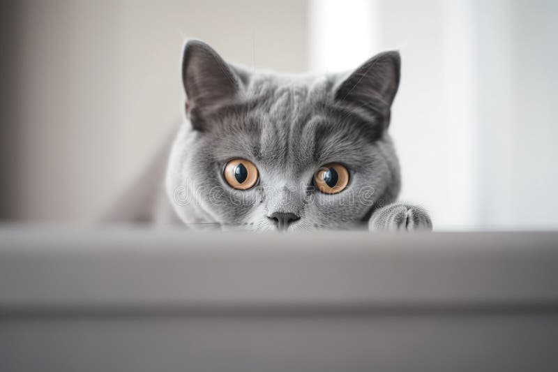 A Gray Cat with Yellow Eyes Looking Over the Edge of a Bed with Its Paw ...