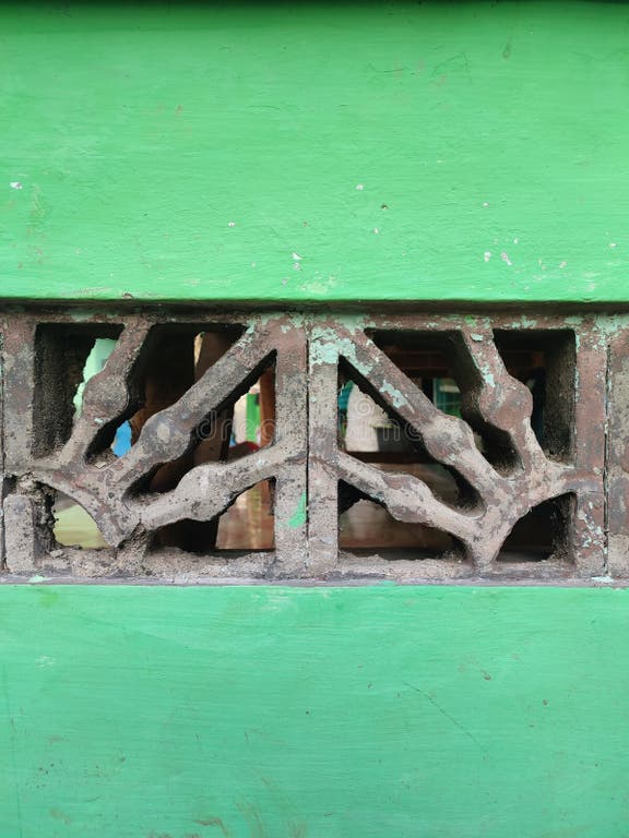 Gray Cement Block Air Ventilation Pattern with Green Wall Stock Photo ...