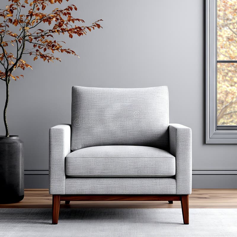 A Gray Chair Sitting in Front of a Window Next To a Plant Stock Photo ...