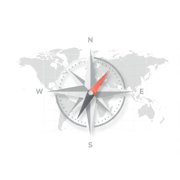 Gray Compass Rose with Red Needle on White World Map Background Stock ...
