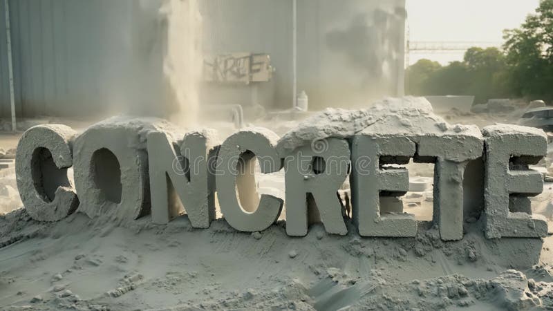 Gray Concrete Forms Solid Letters in a Construction Site while Dust and ...