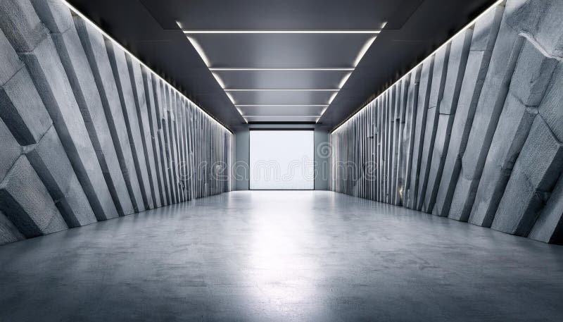 Gray Concrete Gallery Interior with Geometric Walls. 3D Rendering Stock ...