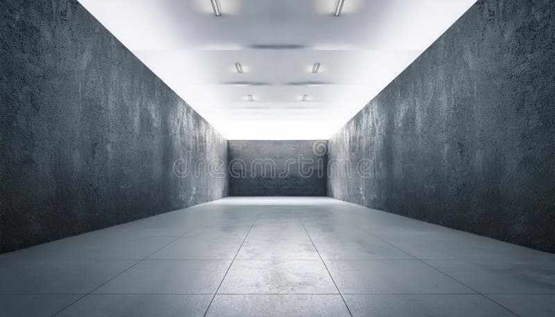 Gray Concrete Gallery Interior with Geometric Walls. 3D Rendering Stock ...
