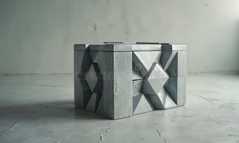 Gray Cube-shaped Object with Diamond Pattern Sits on White Floor ...