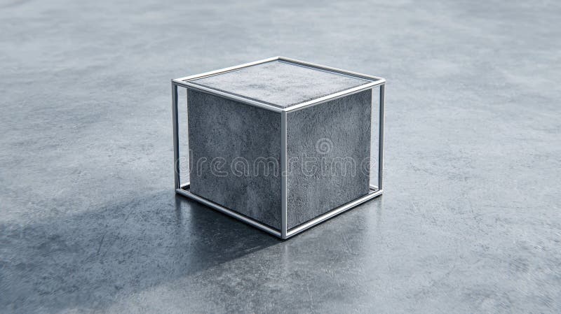 A Gray Cube with a Silver Frame Sits on a Gray Concrete Floor. Stock ...