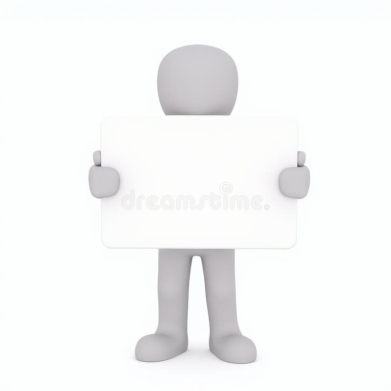 A Gray 3D Humanoid Figure Holds a Blank White Sign in Front of a Plain ...
