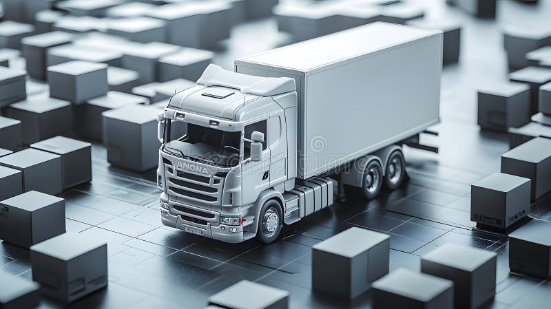 Gray Delivery Truck among Black Shipping Containers Stock Illustration ...