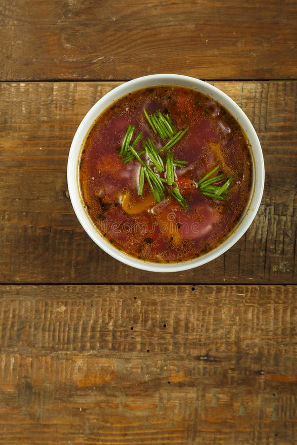 Gray Dish of Vegetable Soup on a Wooden Table. Stock Photo - Image of ...