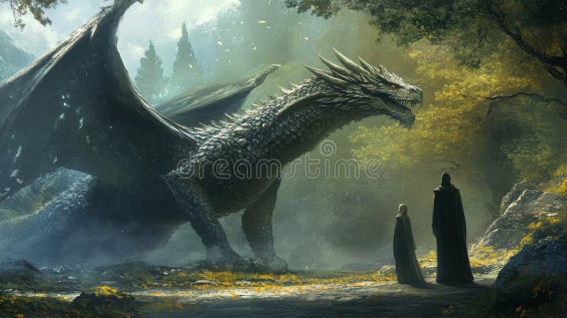 Gray Dragon in Misty Forest with Two Figures Stock Illustration ...