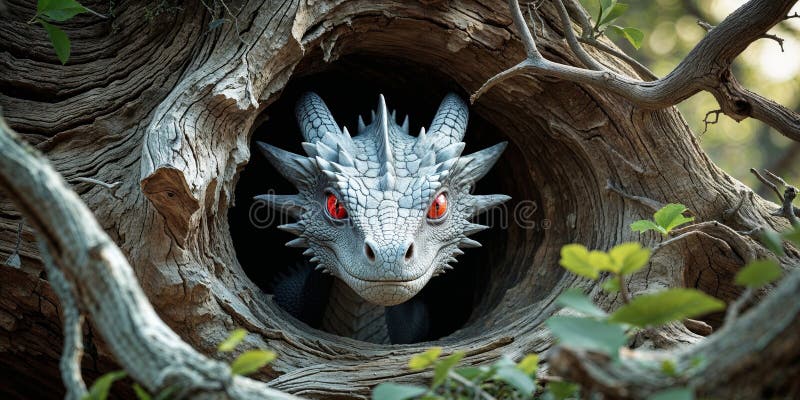 Gray Dragon with Red Eyes Hidden in Tree Trunk Stock Photo - Image of ...