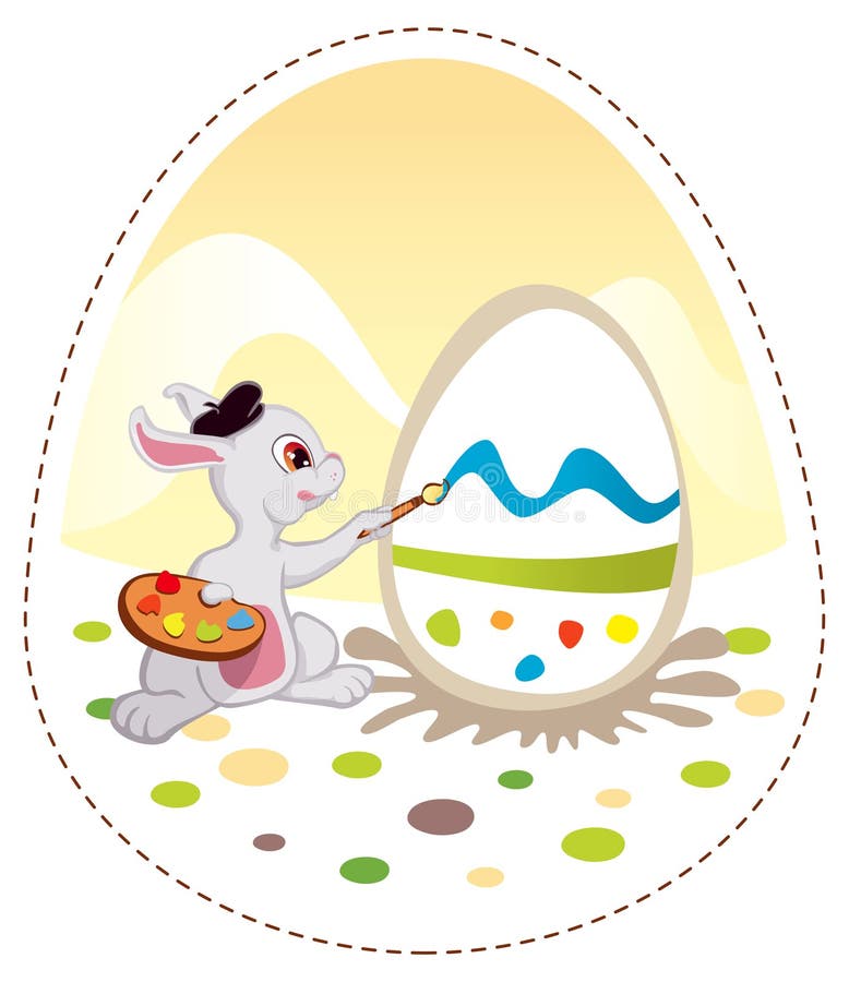 Gray Easter Rabbit Sitting and Holding Egg. Cute Cartoon Easter Bunny ...