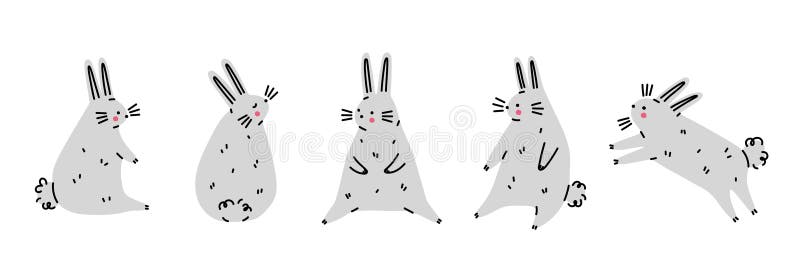 Gray Easter Bunny Set. Funny Cartoon Rabbit in Different Poses. Flat ...