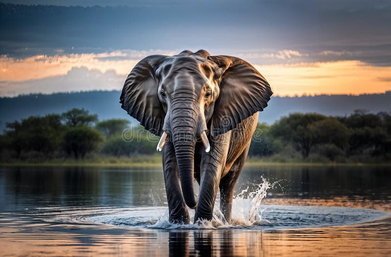 Gray Elephants Walking in a Lake at Sunrise Stock Illustration ...