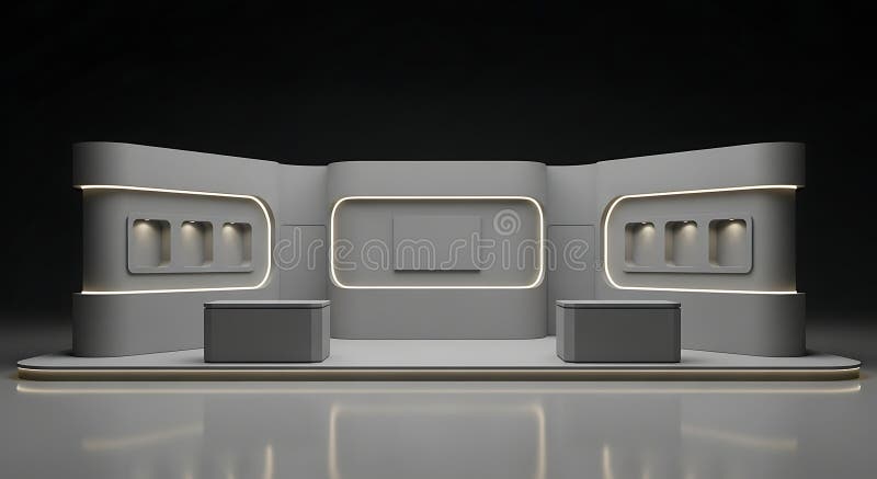 Modern Exhibition Stand with Illuminated Display Niches and Sleek Gray ...