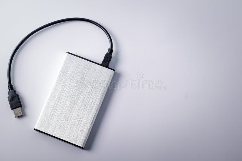 Gray External Hard Disk with Black USB Cable on White Background Stock ...