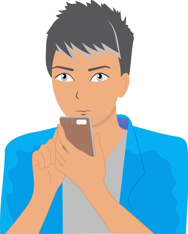 Gray-eyed Guy Looks at the Phone. Vector Flat Illustration Stock Vector ...
