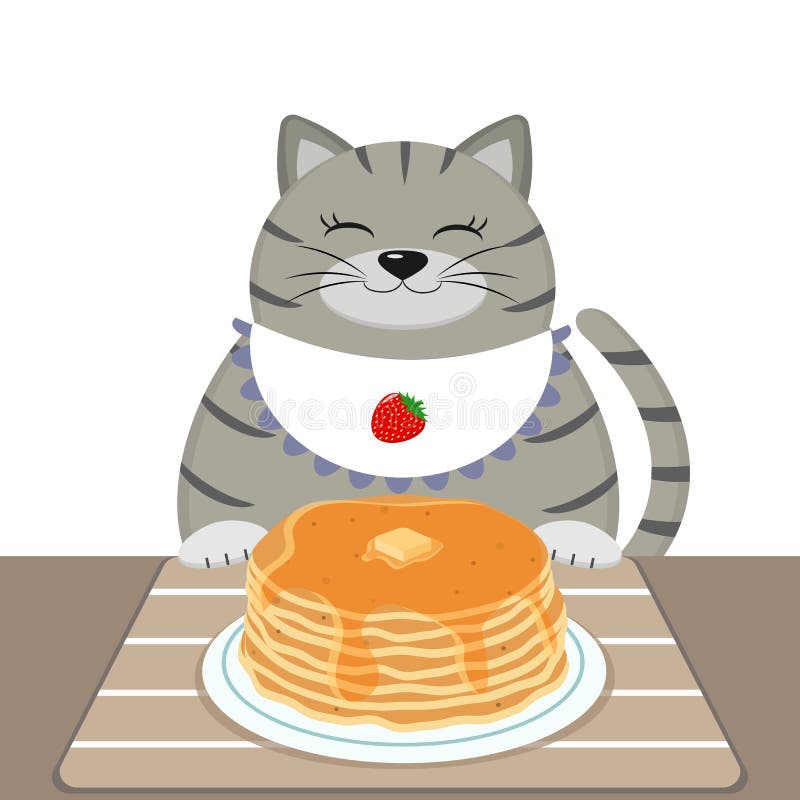 A Gray Fat Cat in a Bib Also Sits at a Table and Eats Pancakes. Stock ...