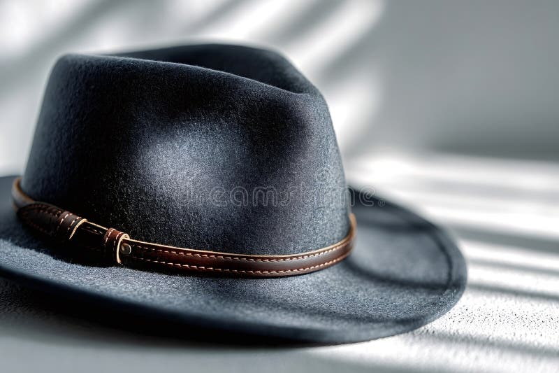 Elegant Gray Fedora Hat Resting on White Surface with Dramatic Lighting ...