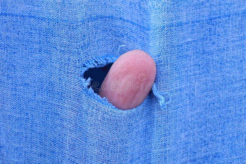 One Gray Finger Hole Torn Blue Fabric Old Clothes Stock Photos - Free ...
