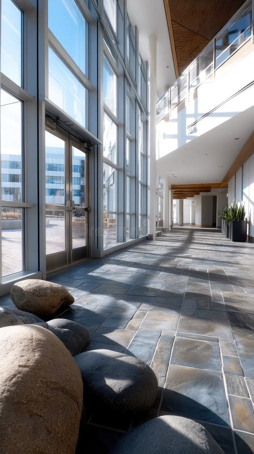 Gray Floor Tiles Reflect Light from Outside, Complemented by Glass ...