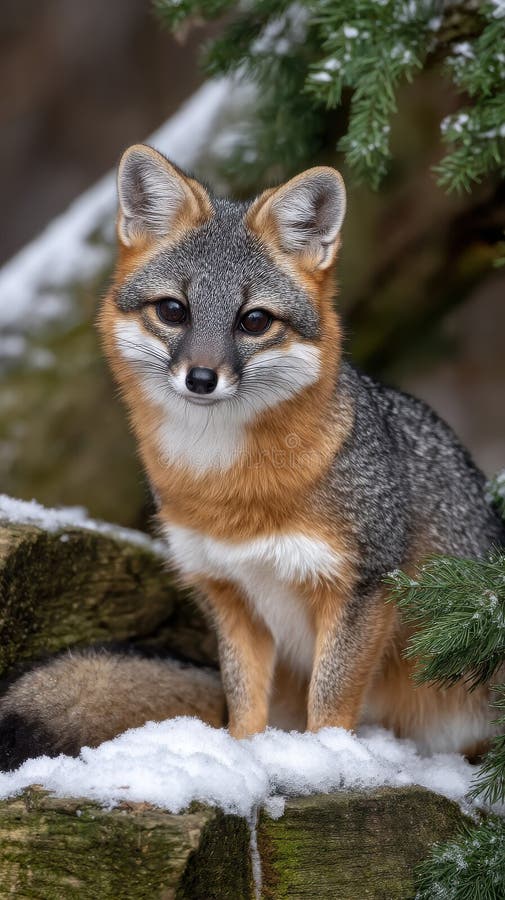 Gray Fox with Gray, Orange and White Fur Sitting in Snow, Under Pine ...