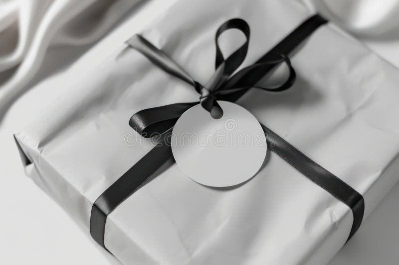 Gray Gift Box with Black Bow and Round Tag. Generative AI Stock Photo ...