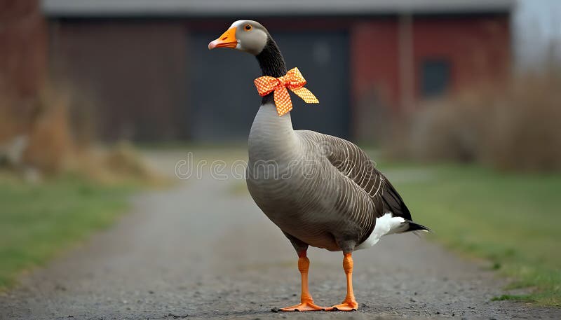 Gray Goose with Orange Bow Standing on Country Pathway in Rural Setting ...