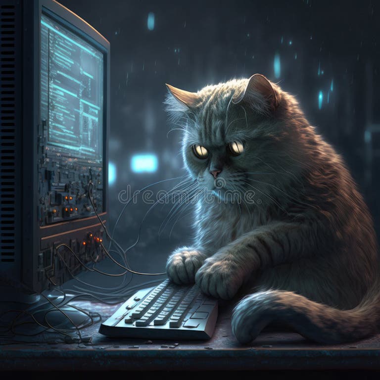 A Gray Hacker Cat Sitting Behind a Computer and Typing on a Keyboard ...