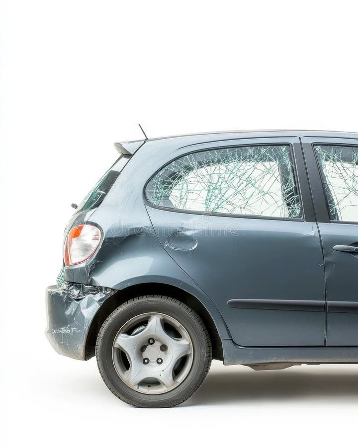 Gray Hatchback with Significant Damage and Shattered Window Isolated on ...