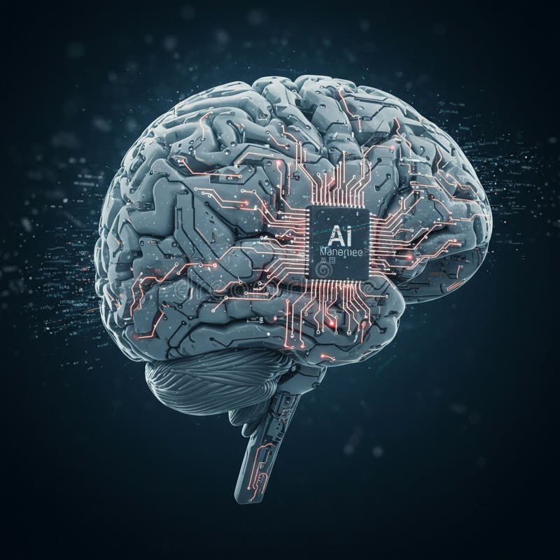 Gray Human Brain Model with Integrated Circuits Depicted on Its Surface ...