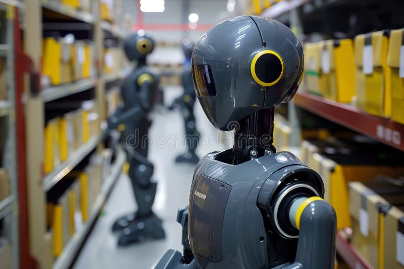 A Gray Humanoid Robot Stands Next To Shelves in a Warehouse Stock ...