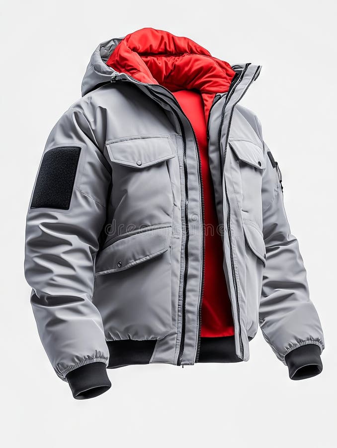 A Gray Jacket with a Red Hood and a Black Patch on the Back Stock Image ...