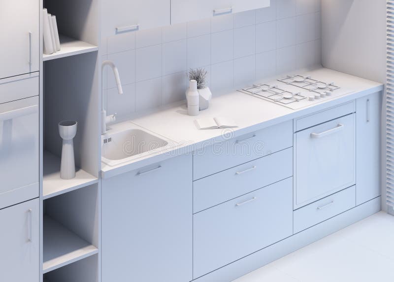 Gray Kitchen Design with Modern Style , 3D Rendering Stock Illustration ...