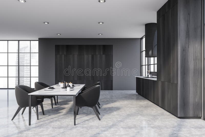 Gray Kitchen with Dining Table, Side View Stock Illustration ...