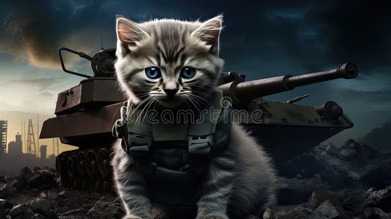 A Gray Kitten Dressed in a Tank Top and Military Attire, a Dynamic Pose ...