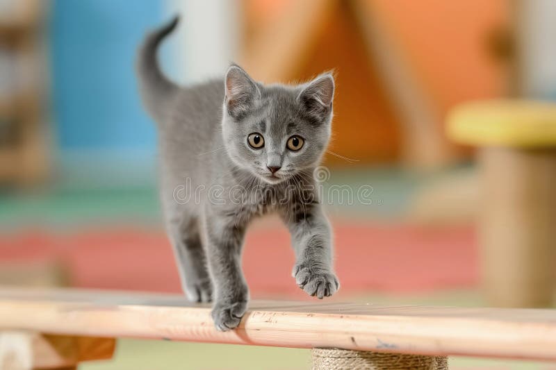 Gray Kitten Exploring a Cat Play Area with Curiosity Stock Photo ...