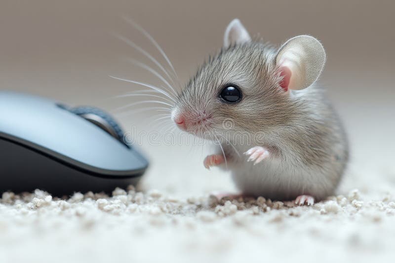 A Gray Live Mouse Sits Next To the Keyboard. a Hamster Standing Near a ...