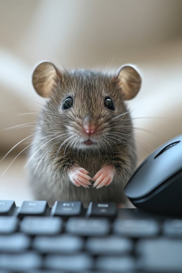 A Gray Live Mouse Sits Next To the Keyboard. a Hamster Standing Near a ...