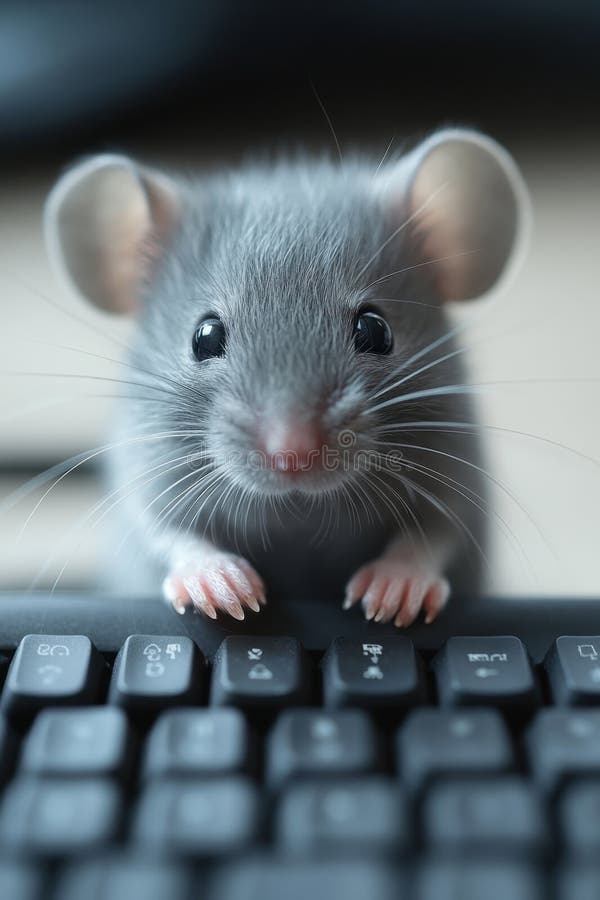 A Gray Live Mouse Sits Next To the Keyboard. a Hamster Standing Near a ...
