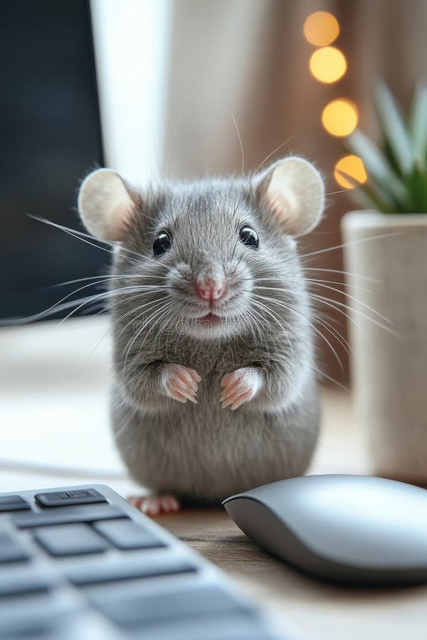 A Gray Live Mouse Sits Next To the Keyboard. a Hamster Standing Near a ...