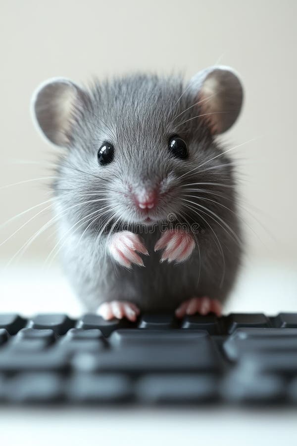 A Gray Live Mouse Sits Next To the Keyboard. a Hamster Standing Near a ...