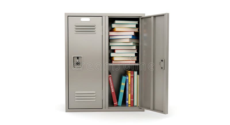 A Gray Metal Locker with an Open Door Filled with Stacked Books and ...