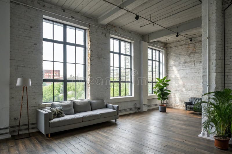 Gray loft with big window stock photo. Image of interior - 370769208