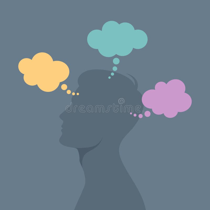 Gray Male Silhouette with Colored Thought Bubbles Around, Flat Vector ...