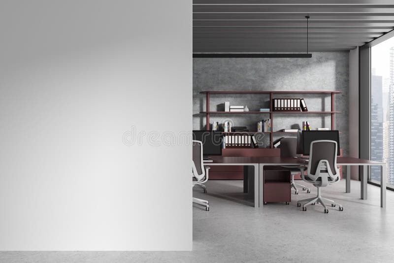 Gray and Maroon Open Space Office Interior with Blank Wall Stock ...